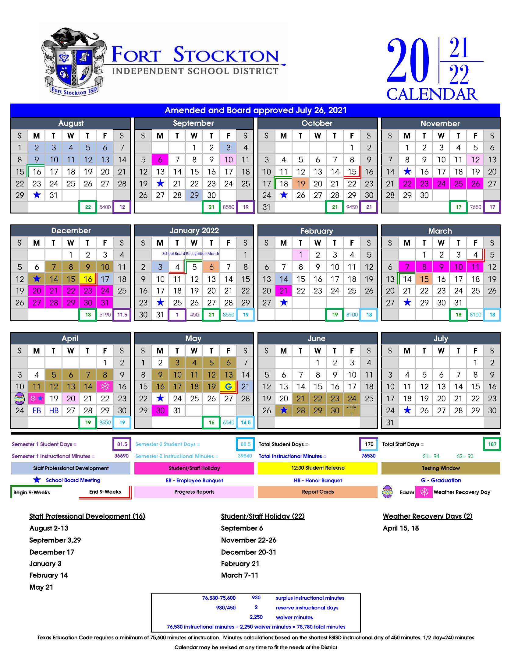 FSISD Newly Approved Calendar For 2021 2022 School Year Fort Stockton